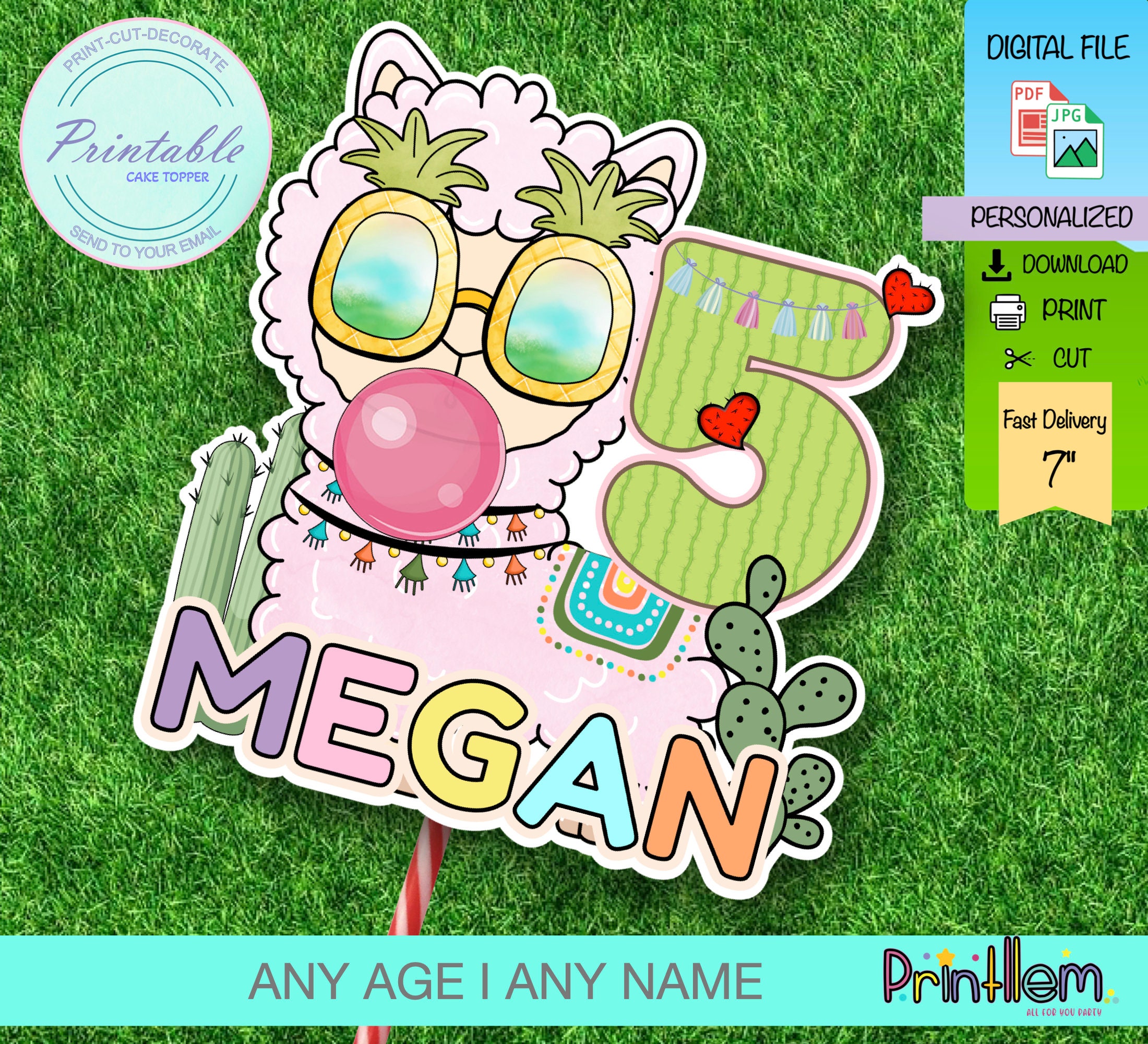 Llama Cake Topper Printable Alpaca Cake Decoration Personalized Llama ...