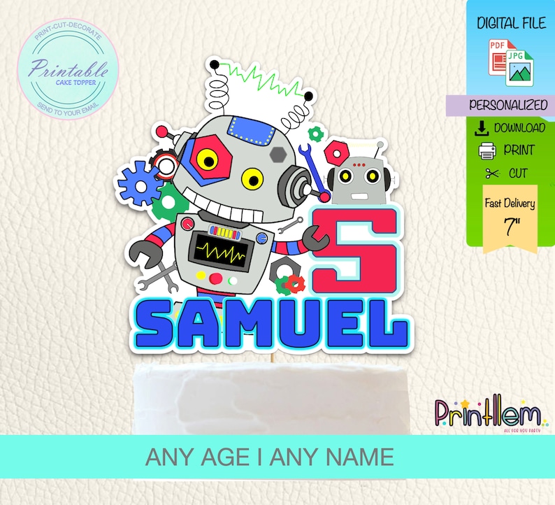 Robot Birthday Cake Topper Printable Robot Birthday Party Cake Topper ...