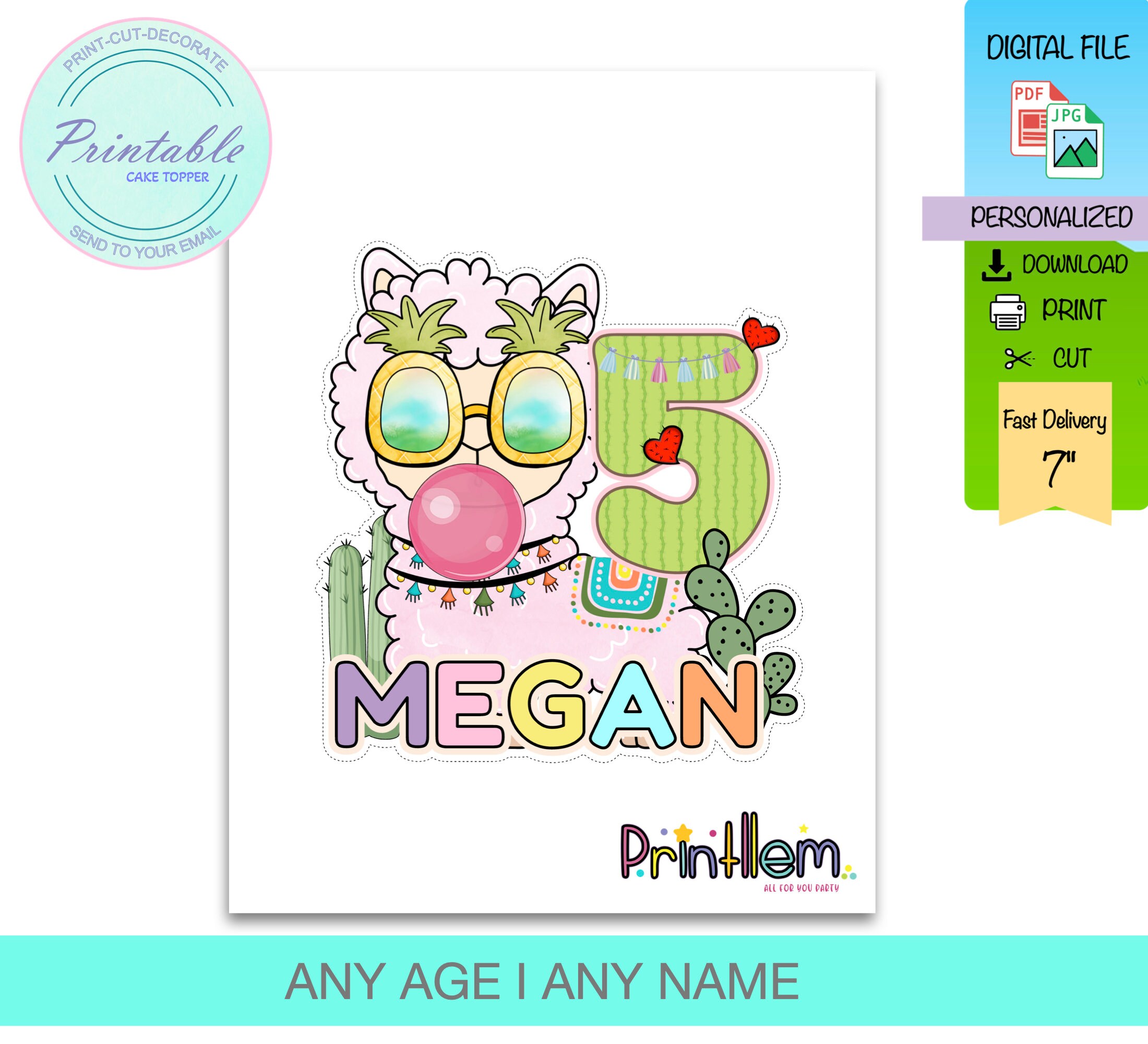 Llama Cake Topper Printable Alpaca Cake Decoration Personalized Llama ...