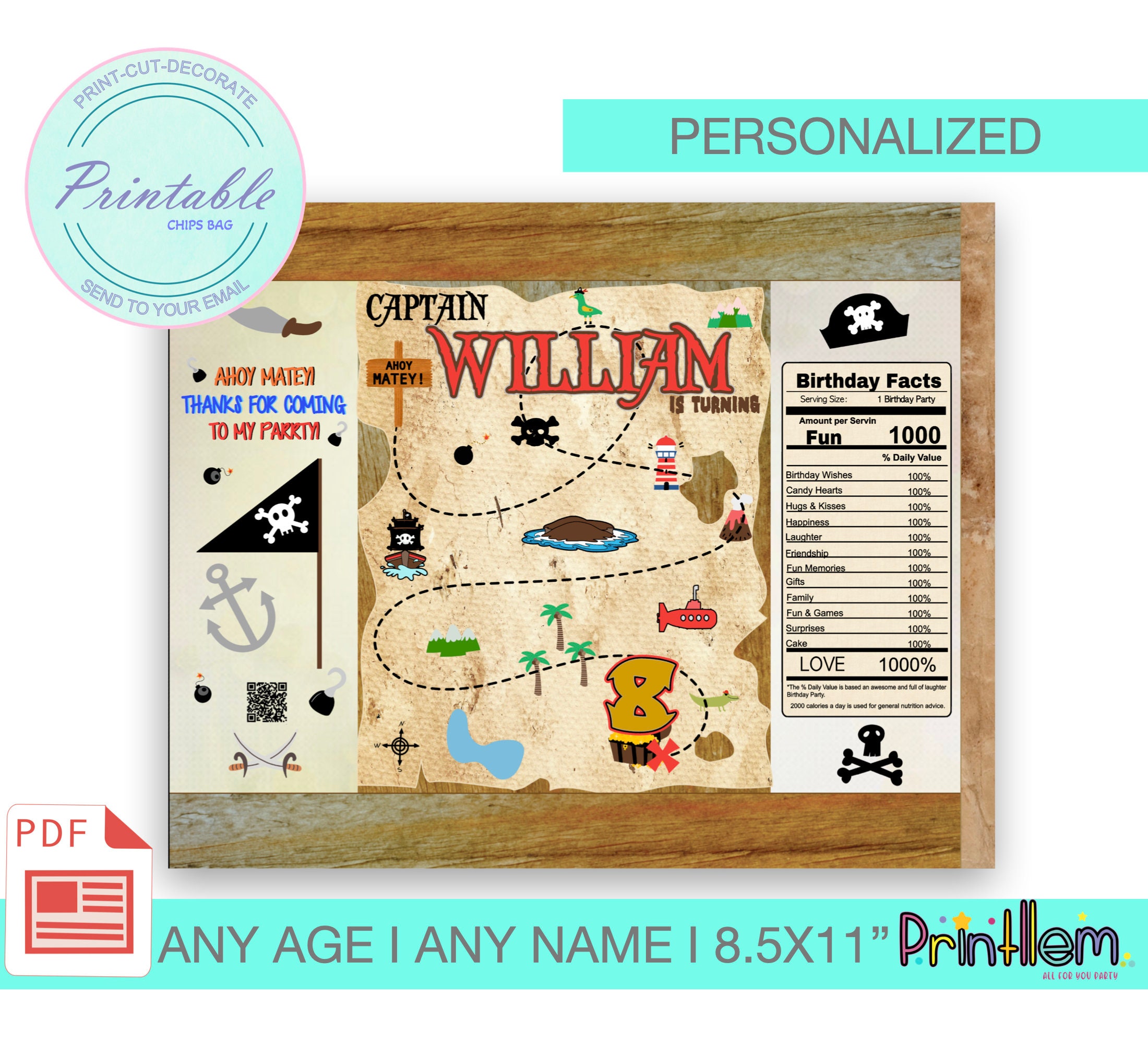 Pirate Chips Bag Printable Treasure Map Candy Wrappers Birthday Party ...