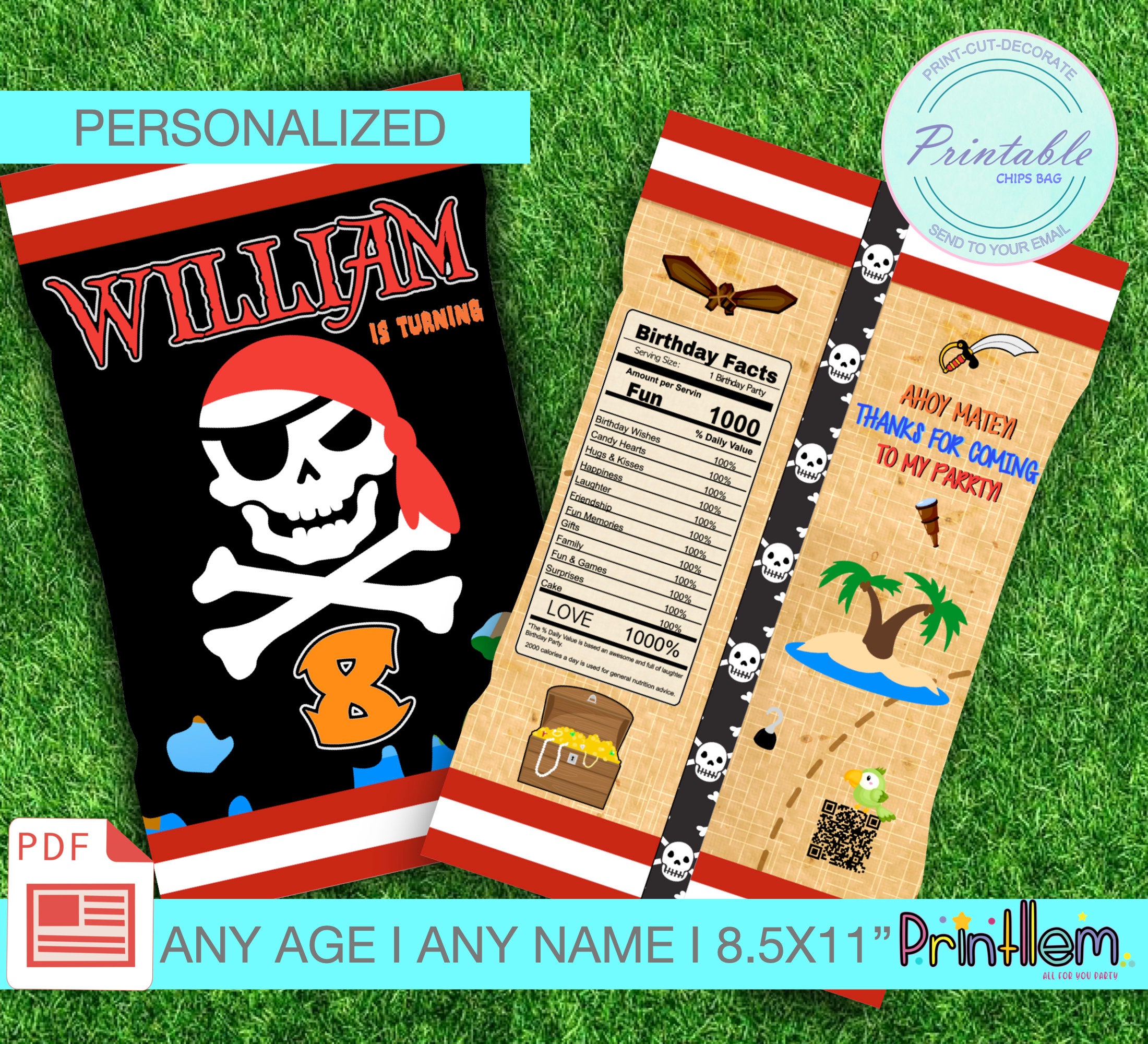 Pirate Chip Bag Printable Pirate Flag Candy Bag Personalized Pirate ...