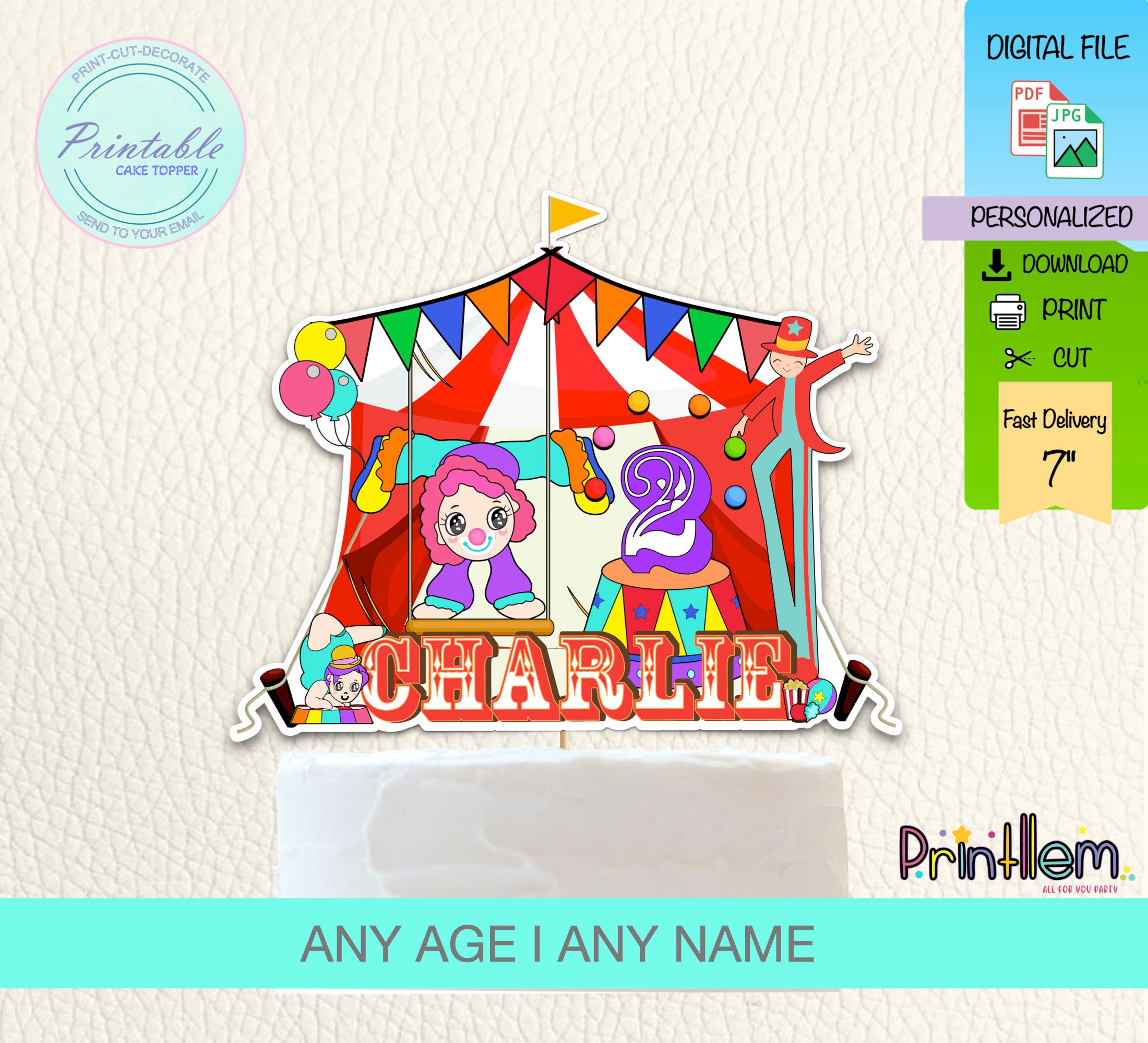 Circus Cake Topper Printable Circus Cake Decorations Personalized ...