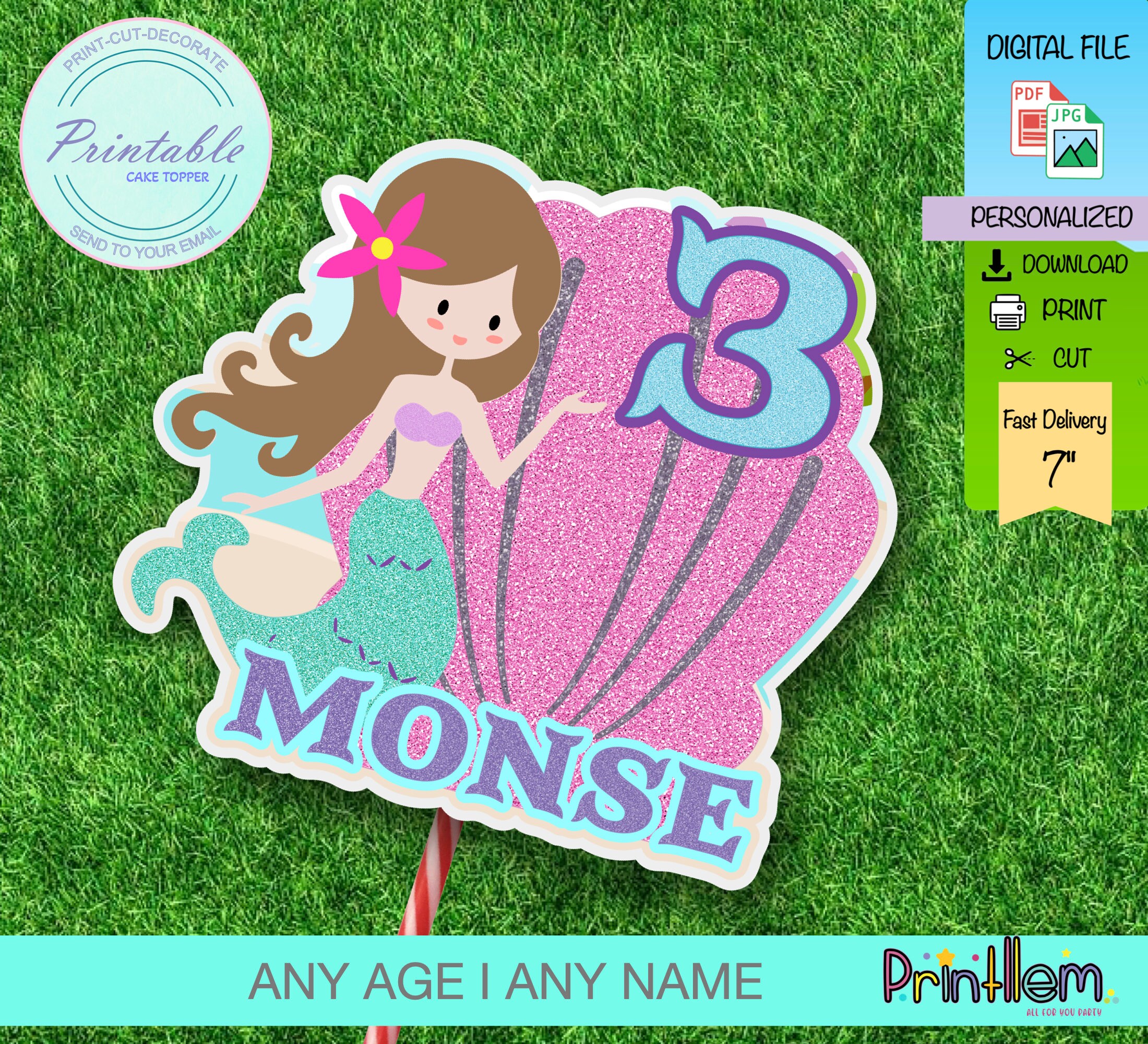 Mermaid Cake Topper, Personalized Mermaid Cake Topper, Printable Cake ...