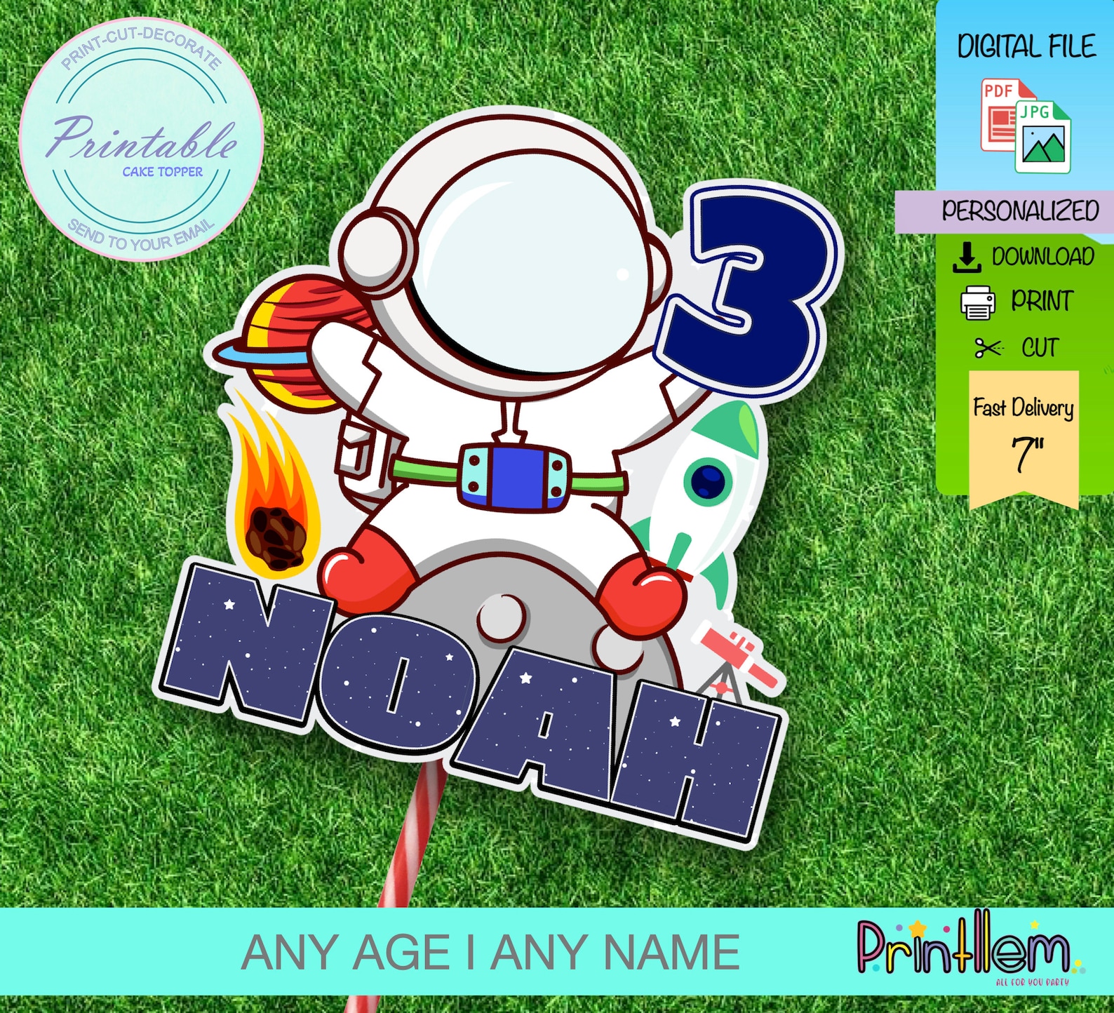 Personalized Astronaut Cake Topper, Outer Space Party Decoration ...