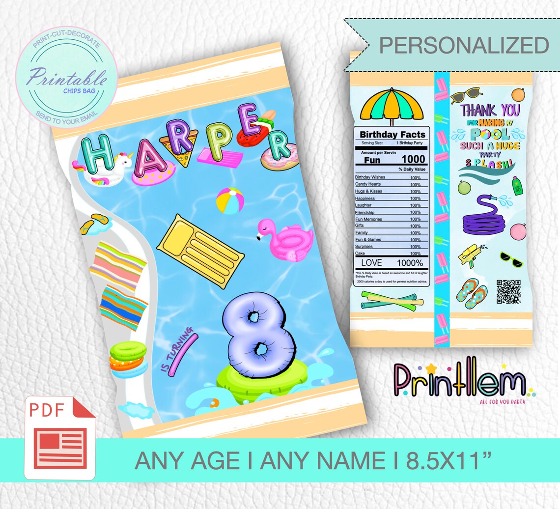 Pool Party Chips Bag Printable Birthday Party Favors Summer ...