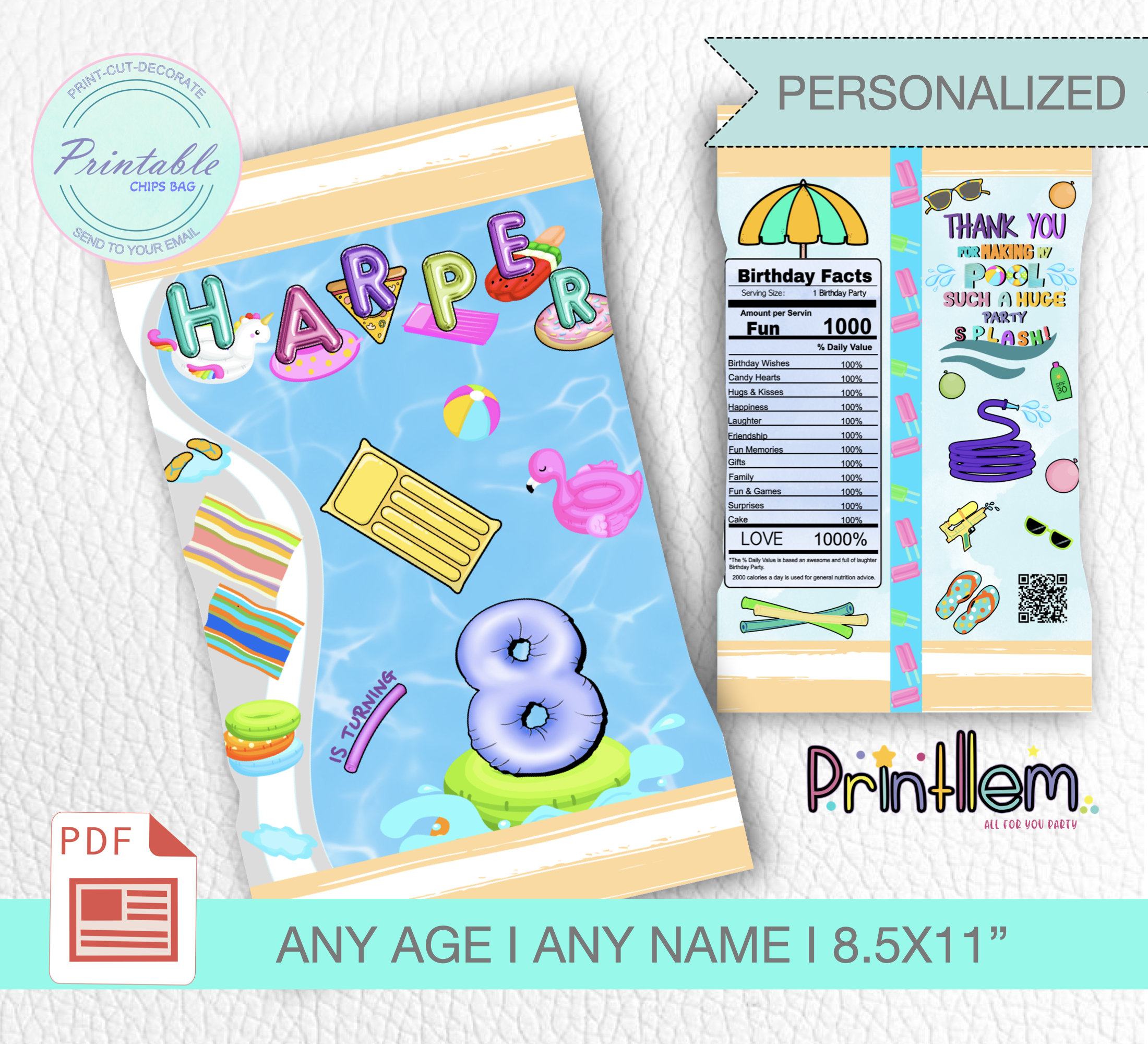 Pool Party Chips Bag Printable Birthday Party Favors Summer ...