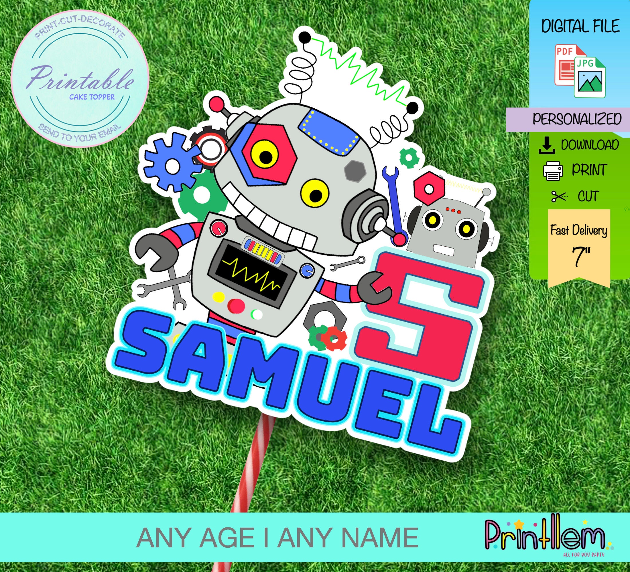 Robot Birthday Cake Topper Printable Robot Birthday Party Cake - Etsy