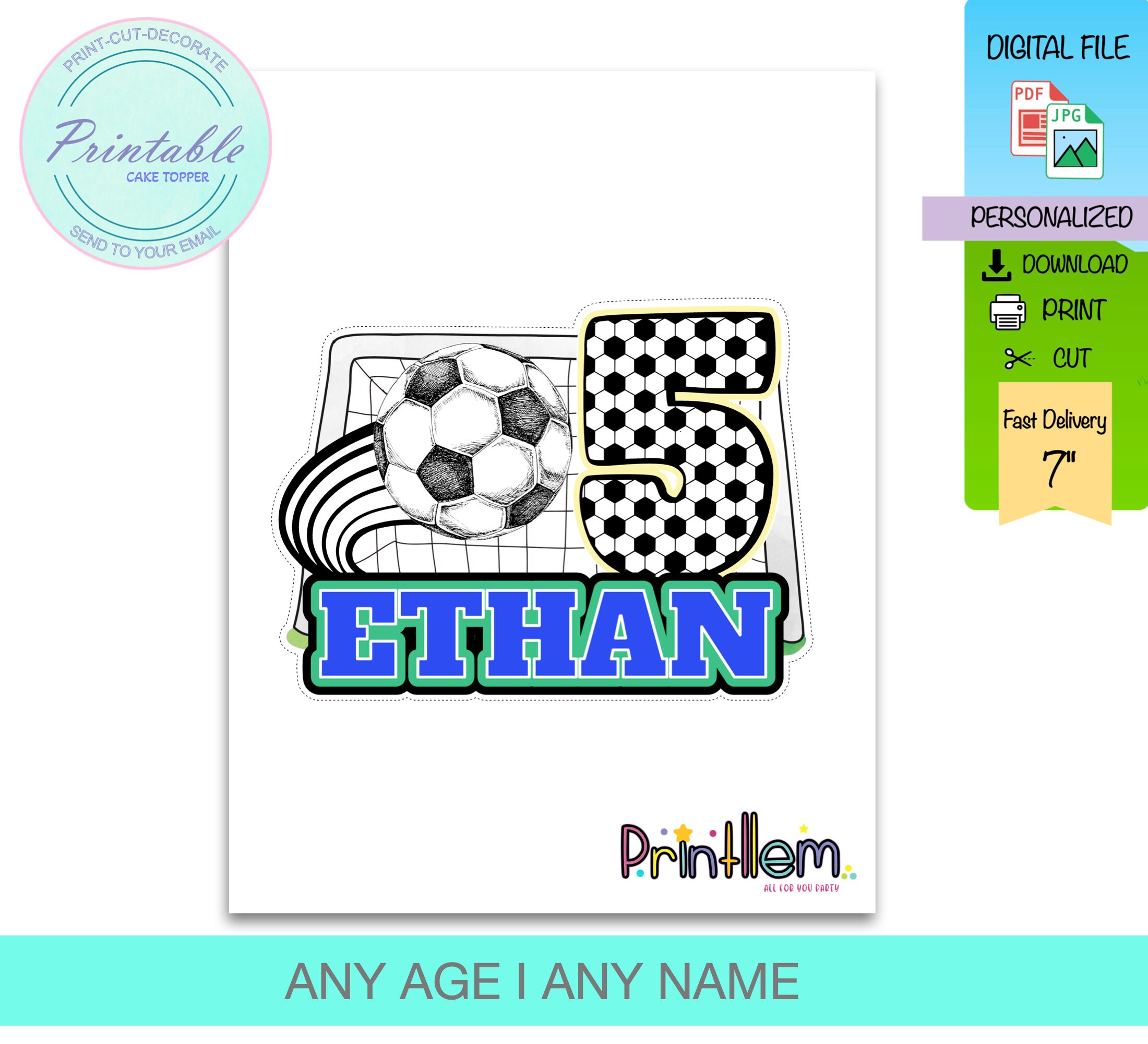 Soccer Cake Topper Printable Cake Decorations Sports Personalized ...