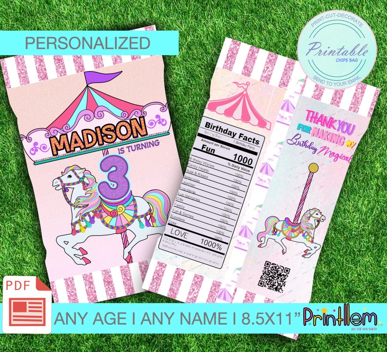 Personalized Carousel Birthday Party Chip Bag Wrappers, Carnival ...