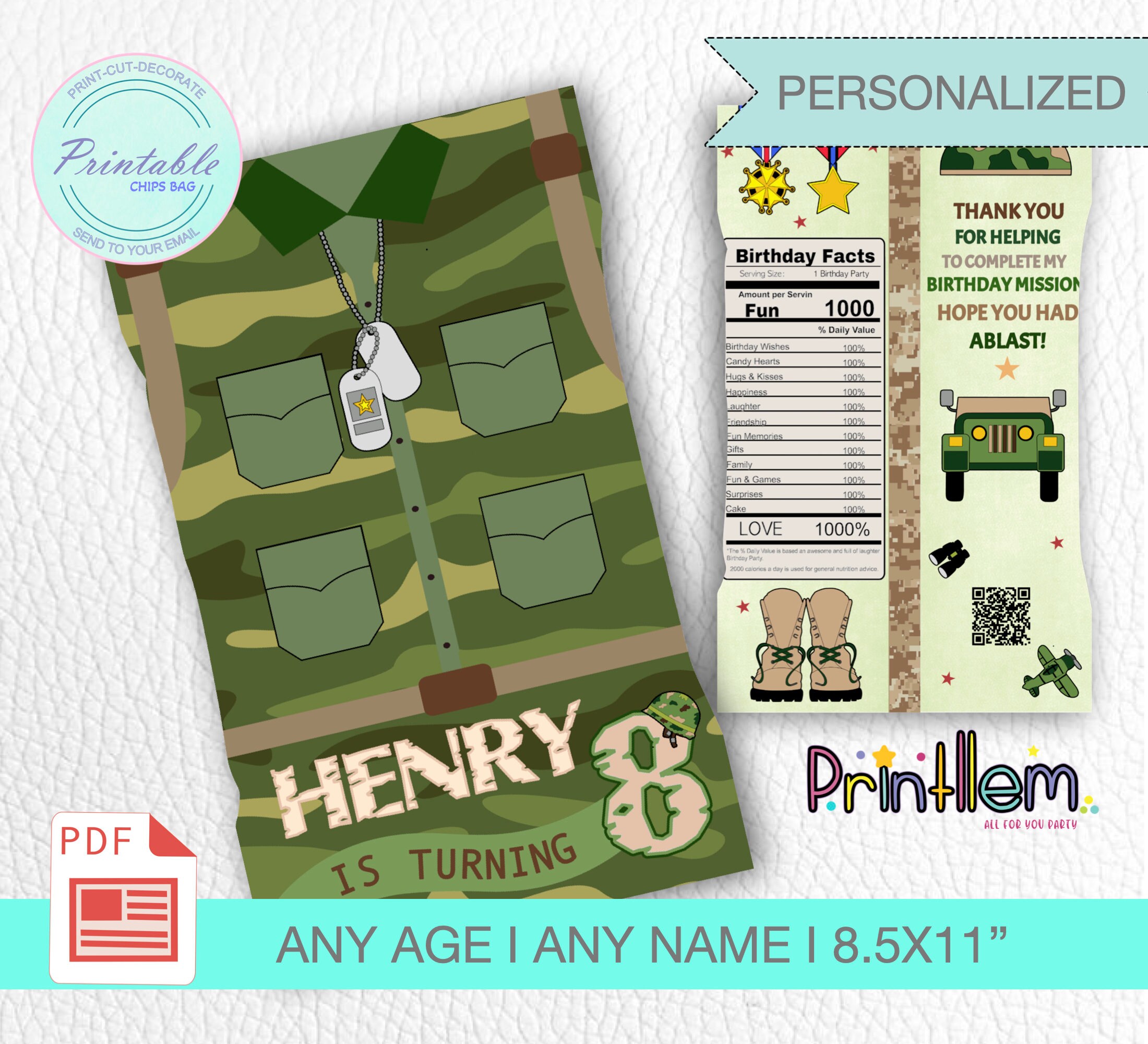 Military Chips Bag Printable Camouflage Favor Party Personalized ...