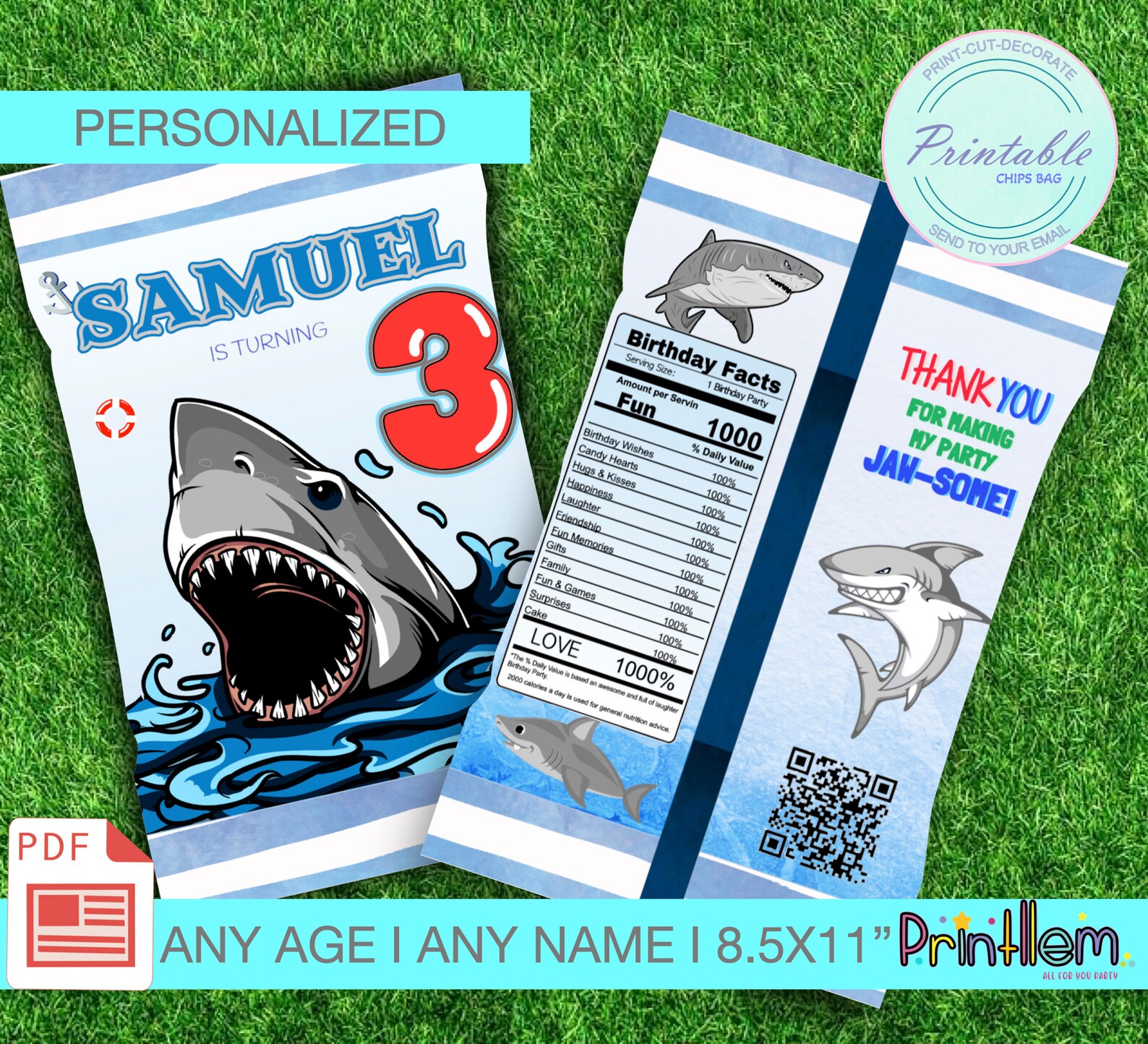 Shark Chips Bag, Printable Birthday Party Chips Bag,shark Jawsome Time ...