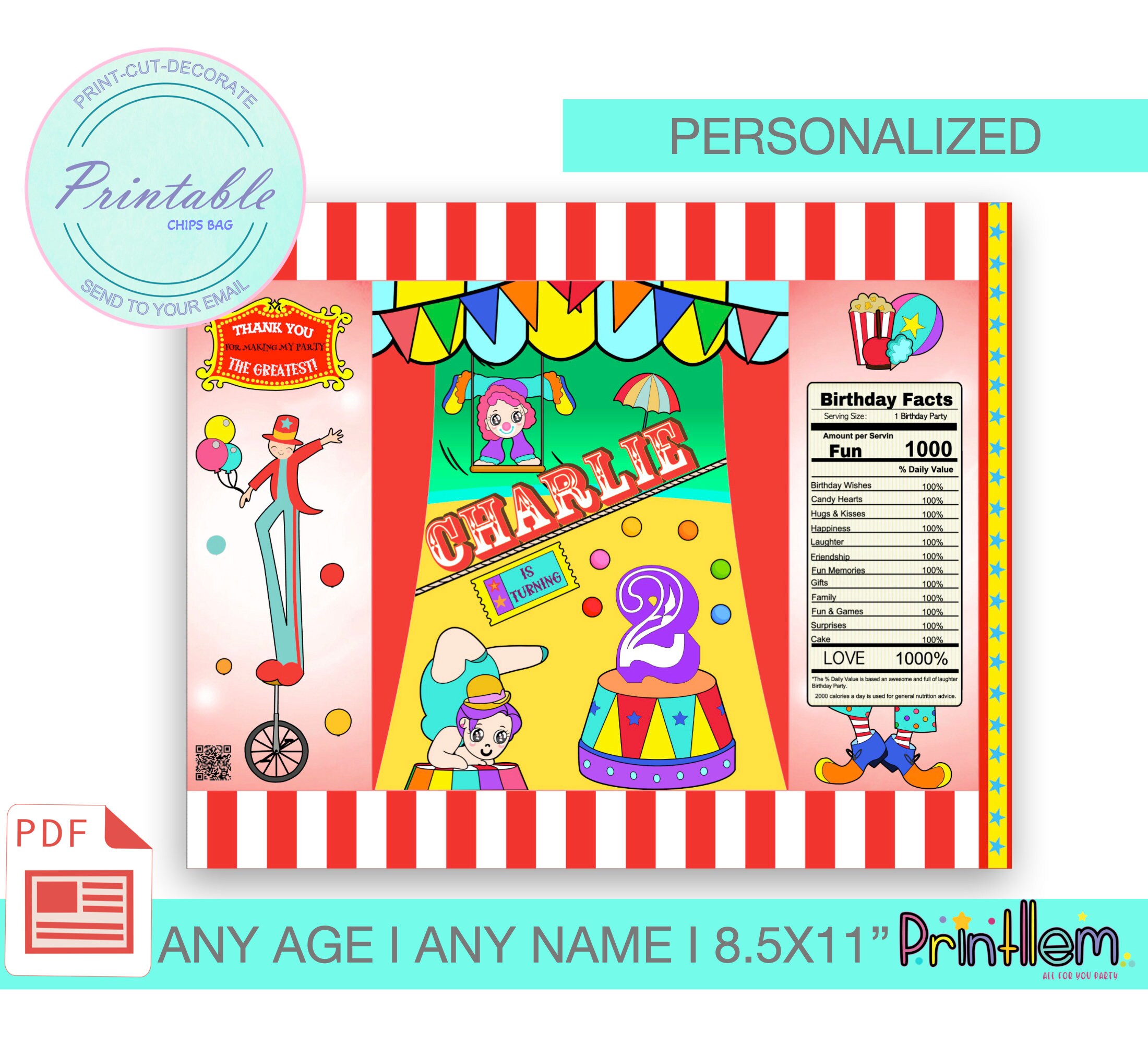 Circus Chips Bag Printable Circus Tent Snack Bag Personalized Carnival ...