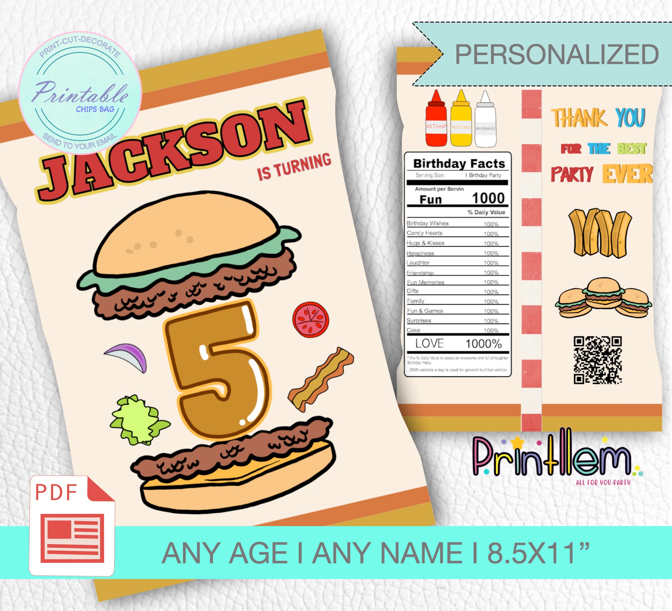Burger Party Chip Bag Wrapper Custom Labels, Personalized Hamburger ...