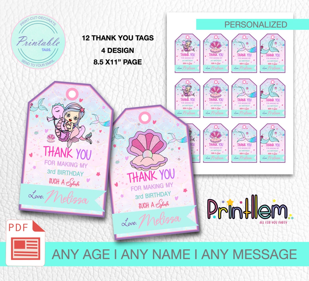 Mermaid Thank You Tag, Printable Mermaid Party Favor Tags, Mermaid ...
