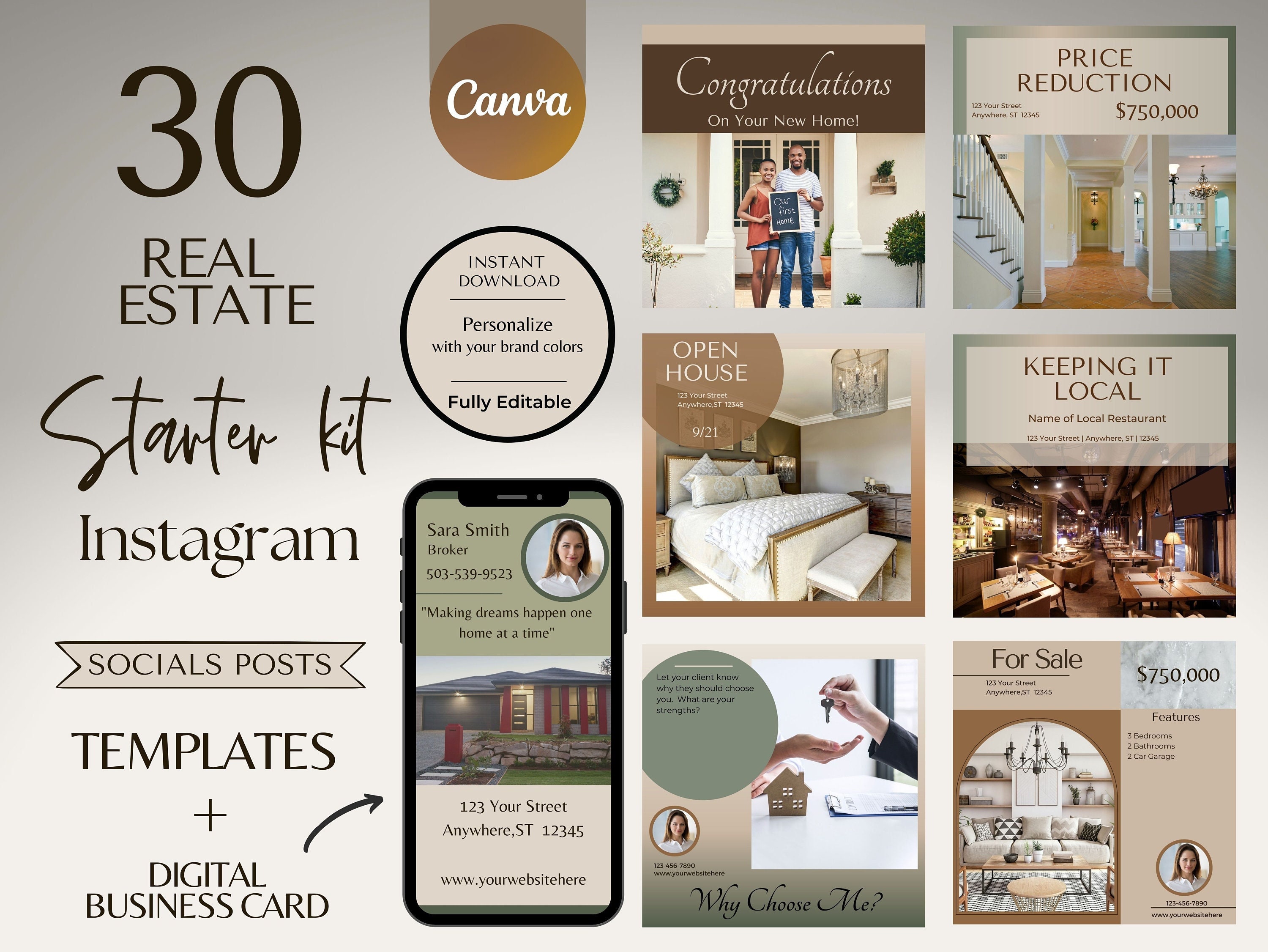 Modern Real Estate Canva Templates in Warm Tones for Realtors - Etsy
