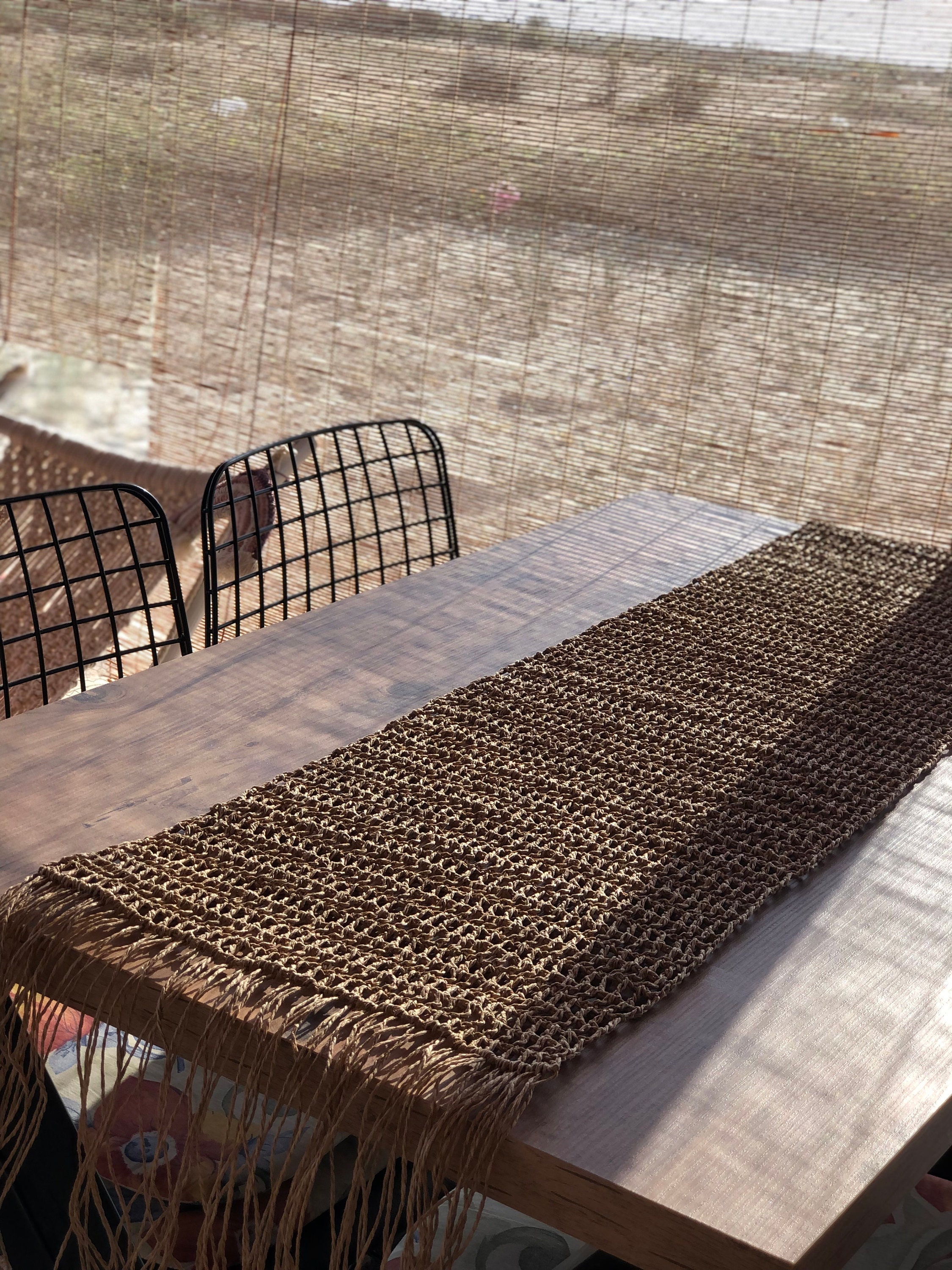 Crochet Table Runner Brown, Macrame Table Runner, Paper Rope, Farmhouse ...