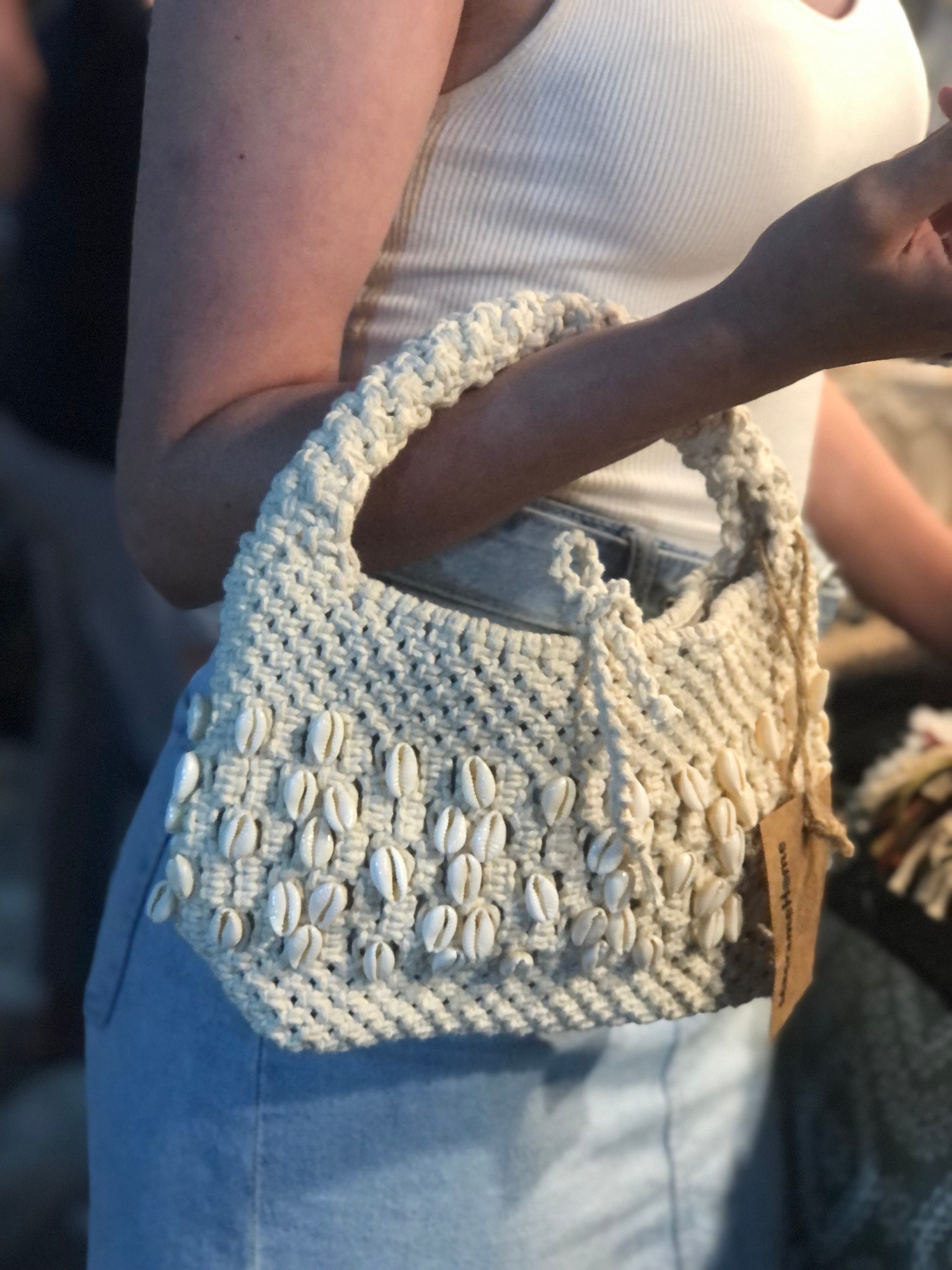 Macrame Handle Bag With Sea Shells, Handmade Purse, Handbag, White Bag ...