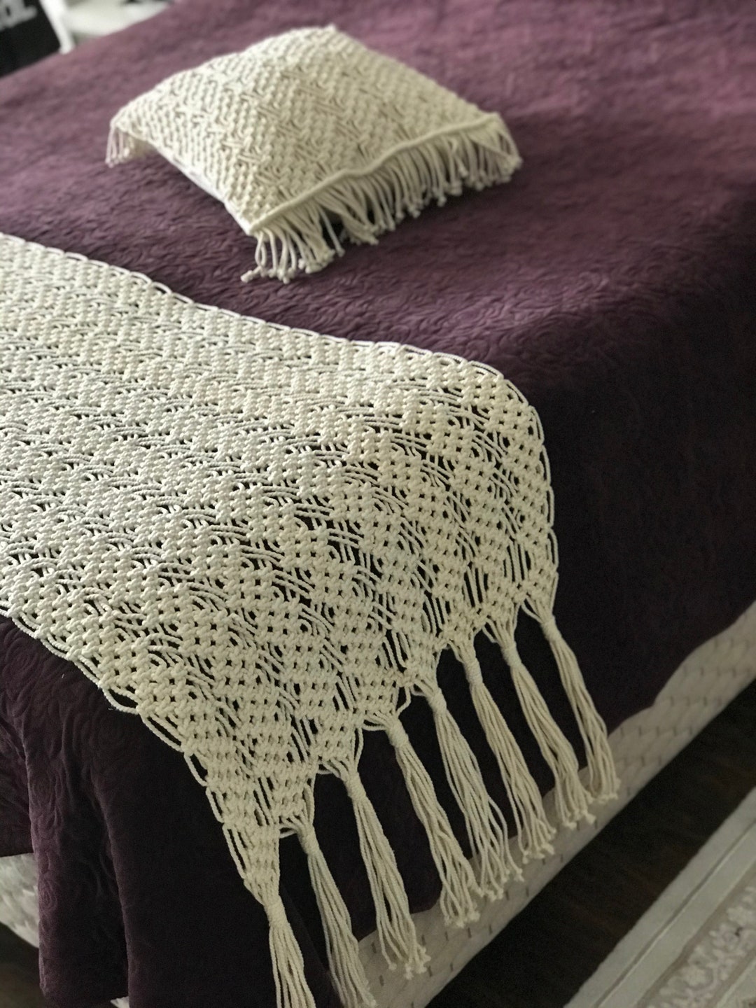 Macrame Bed Runner With Pillow Case, Handcrafted Bed Runner, Bed Scarf ...
