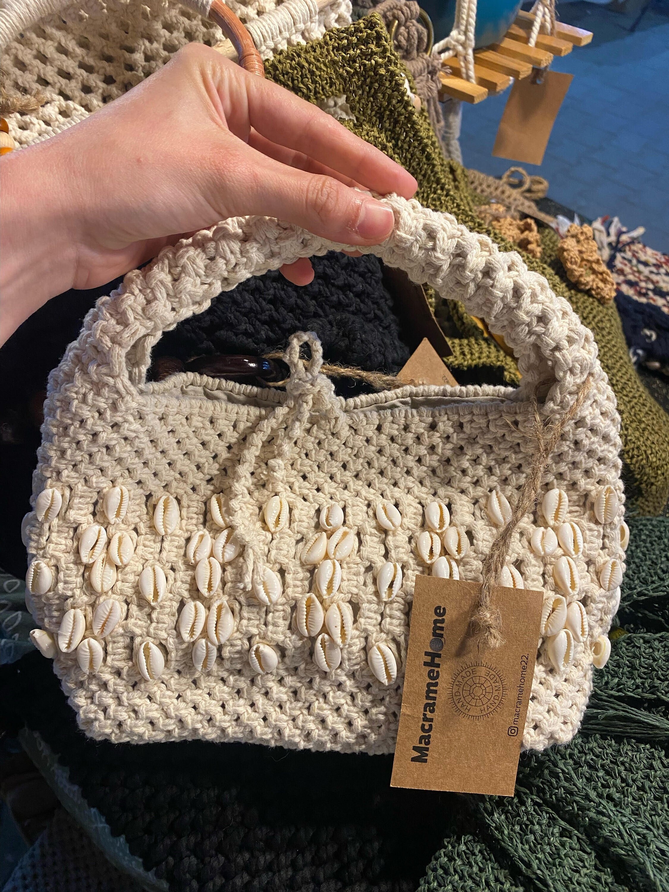 Macrame Handle Bag With Sea Shells, Handmade Purse, Handbag, White Bag ...