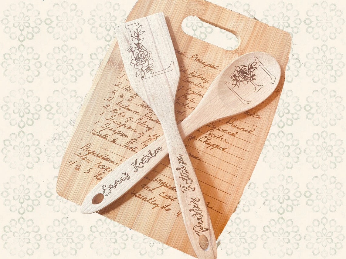Wood Spoon or Spatula Engraved With Floral Monogram Letter - Etsy