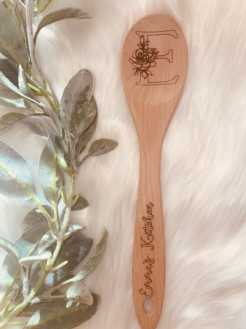 Wood Spoon or Spatula Engraved With Floral Monogram Letter - Etsy