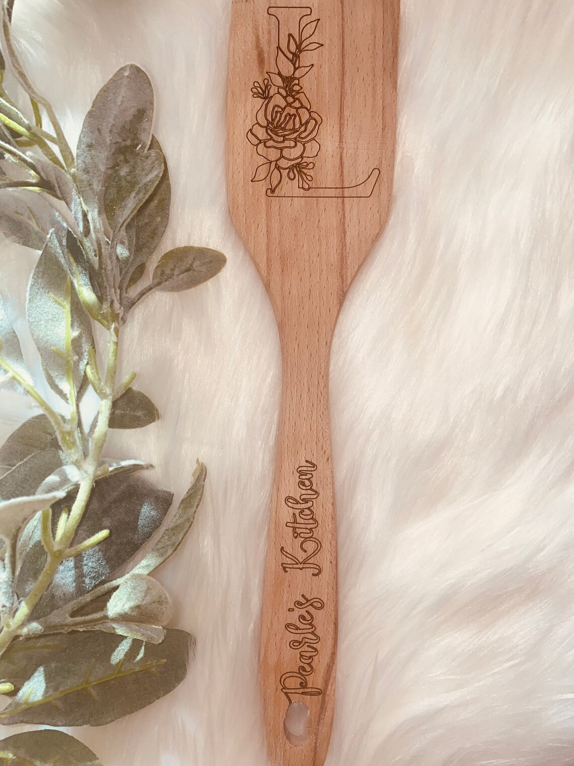 Wood Spoon or Spatula Engraved With Floral Monogram Letter - Etsy