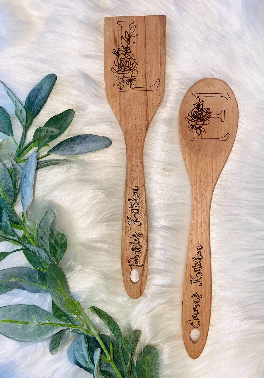 Wood Spoon or Spatula Engraved With Floral Monogram Letter - Etsy