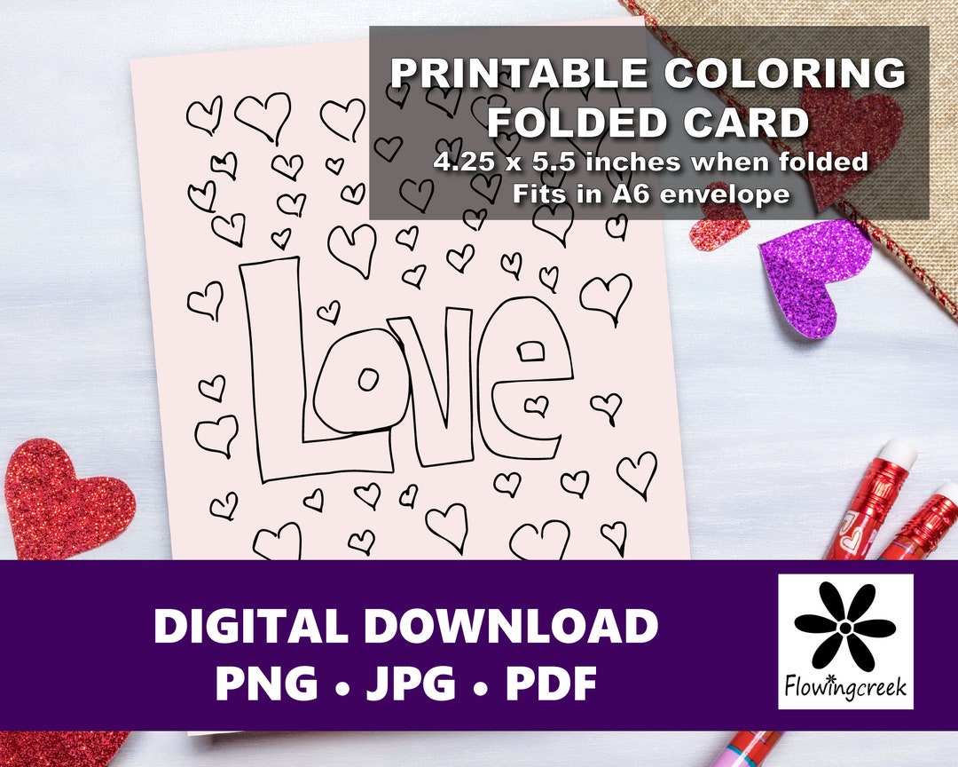 Love Hearts Coloring Cards: Printable Valentine's Day, Anniversary (PDF ...