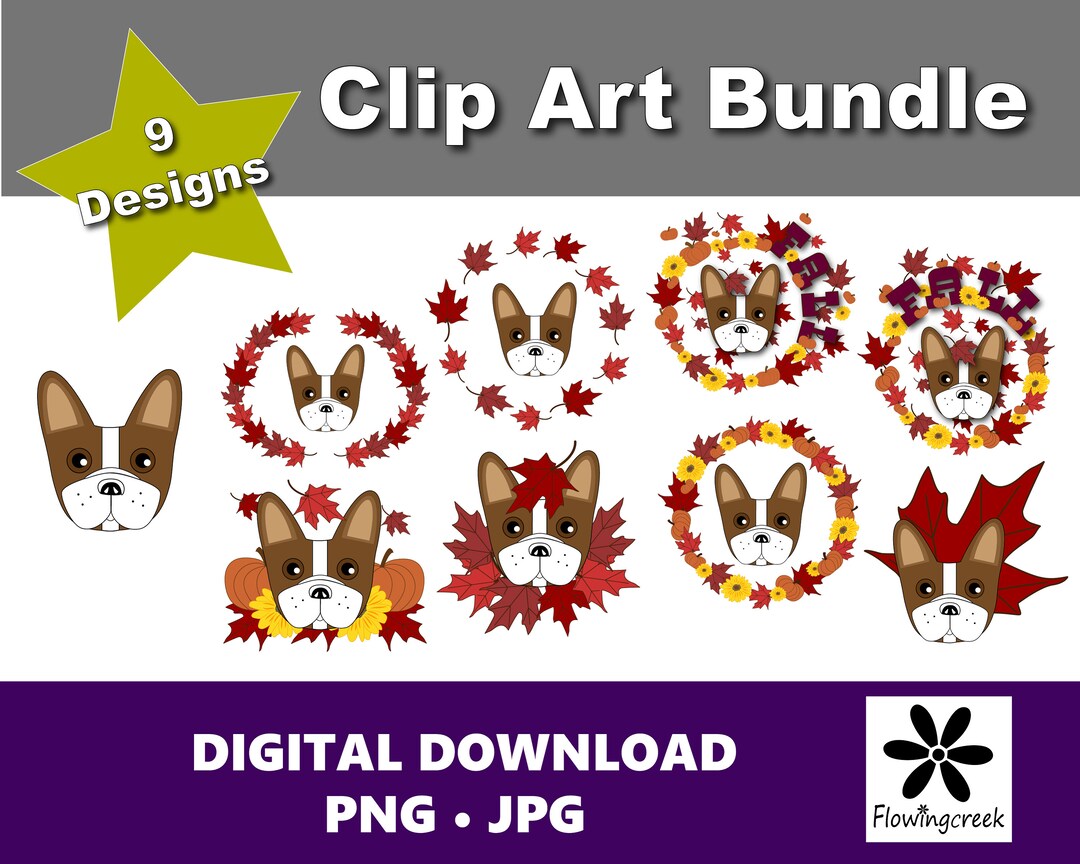 Brown Stripe Frenchie Face Fall Clip Art Bundle for Printing or ...