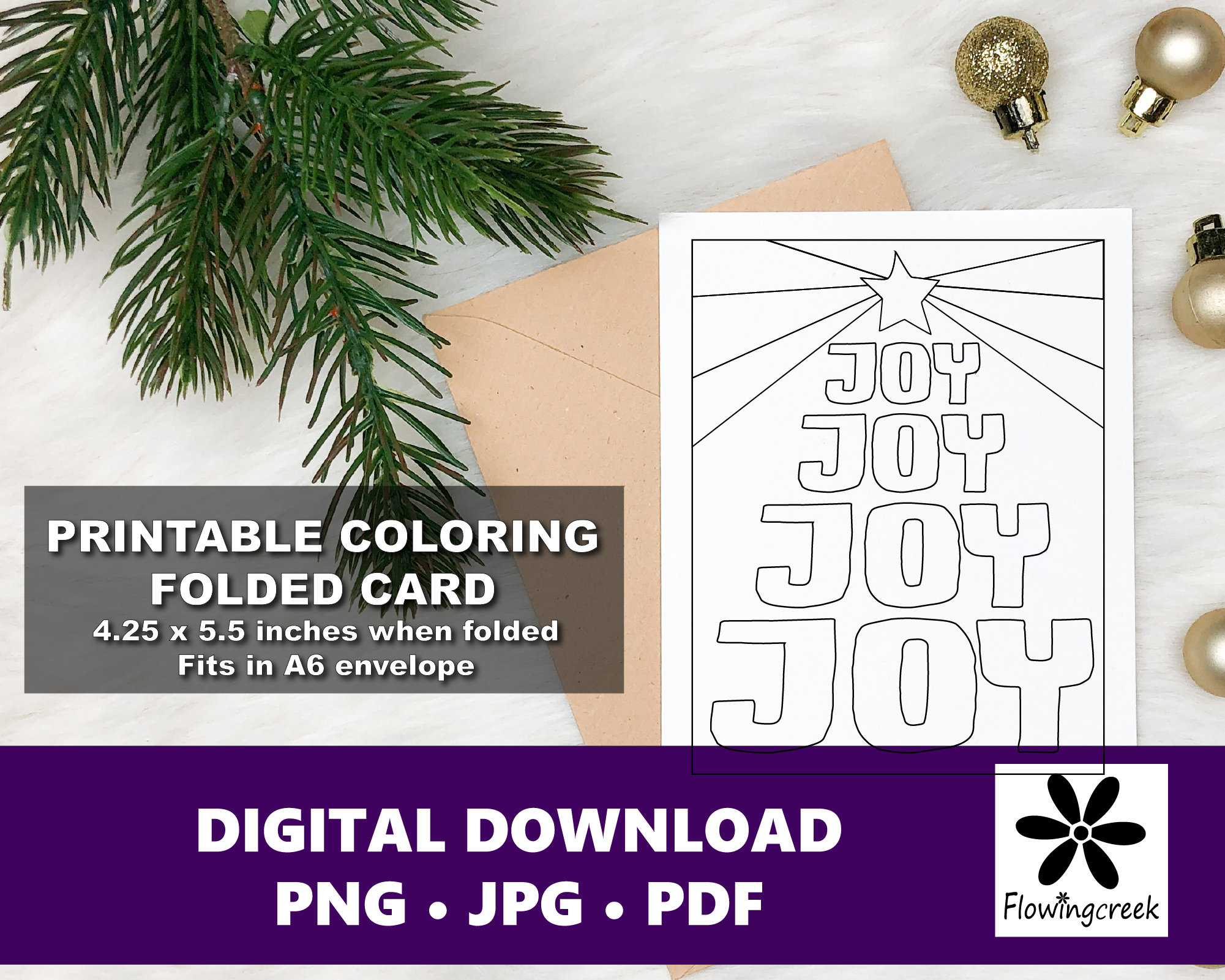 Joy Tree Printable Folded Coloring Cards, Christmas Holiday, Hand Drawn ...