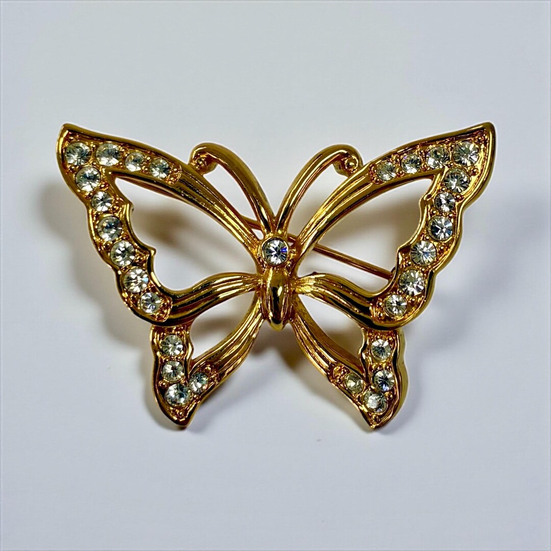 Vintage Monet Signed Gold-tone Butterfly Brooch With Rhinestones - Etsy
