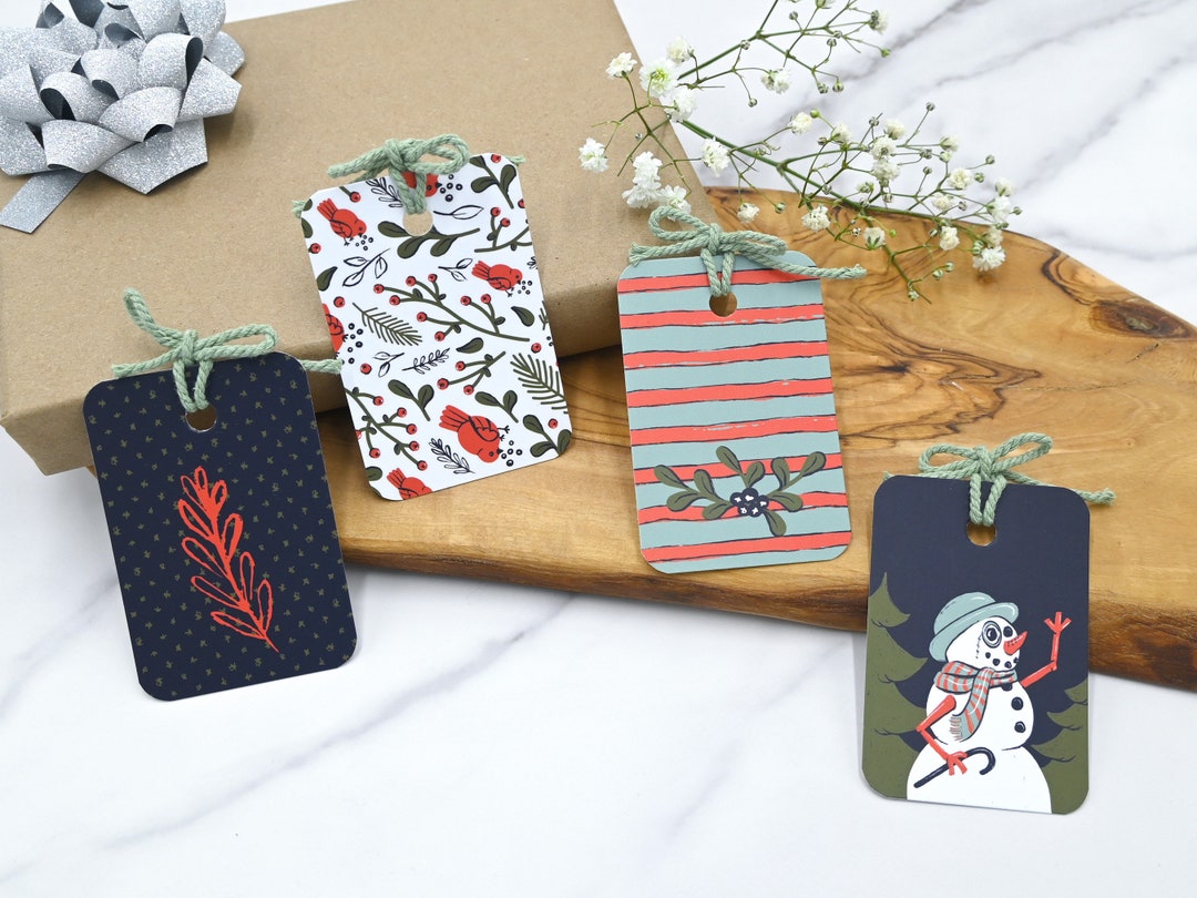 Winter Holiday Set of Gift Tags Bird and Berry, Scarf Stripe, Snowman ...