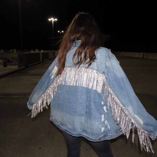 Rhinestone Fringe Black Denim Jacket - Etsy