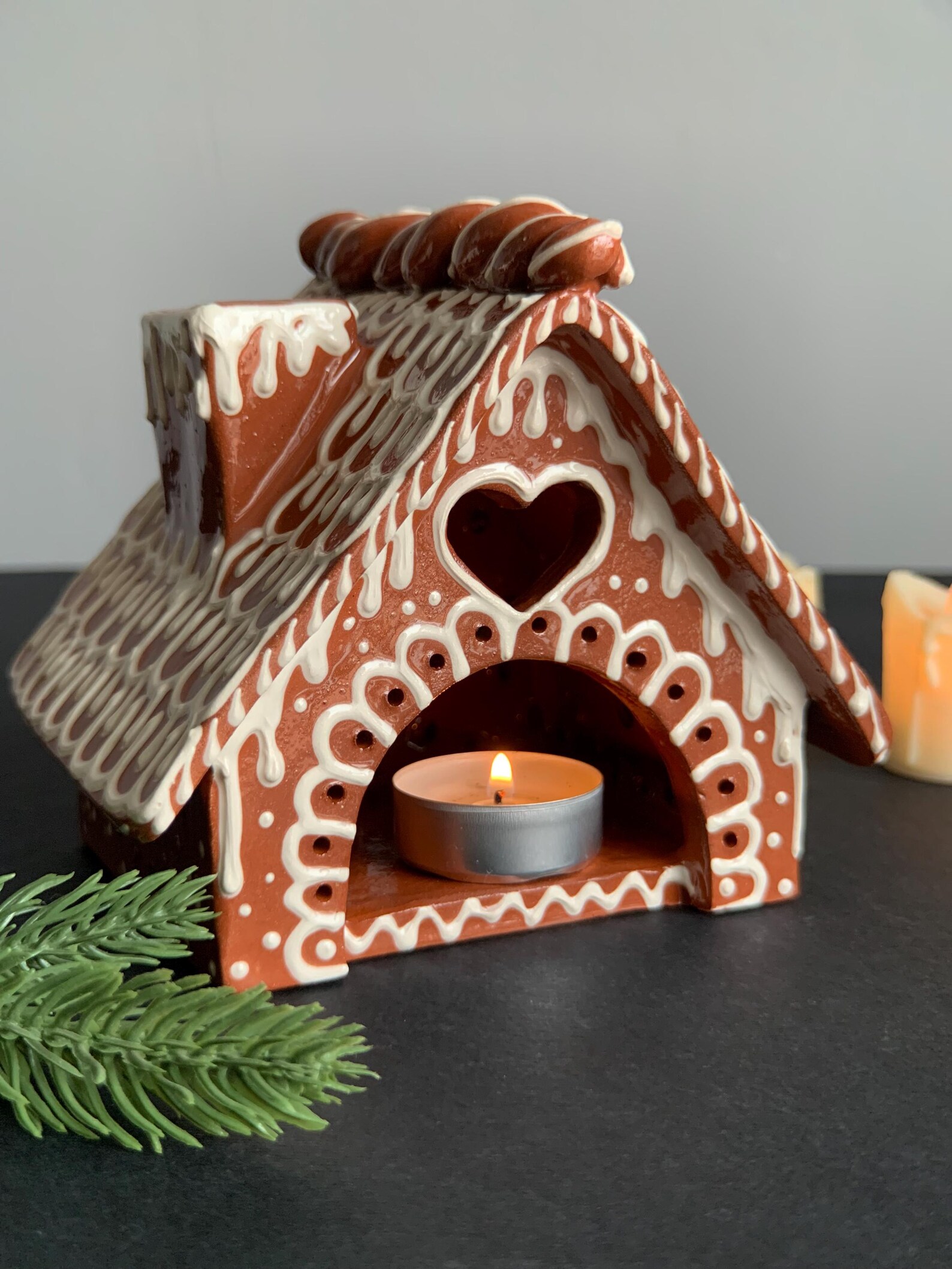 Ceramic Gingerbread House Candle Holder. Christmas Ginger Painted House ...