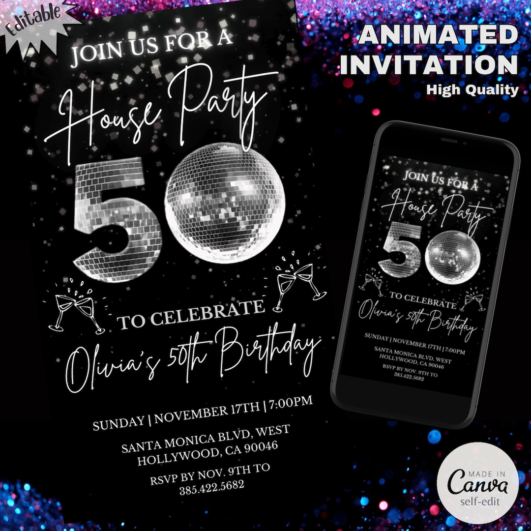 Disco Ball 50th Birthday Video Invitation: Editable Canva Template ...