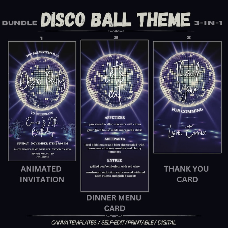 Disco Ball Birthday Party Invitation Bundle: Animated Invite, Menu ...