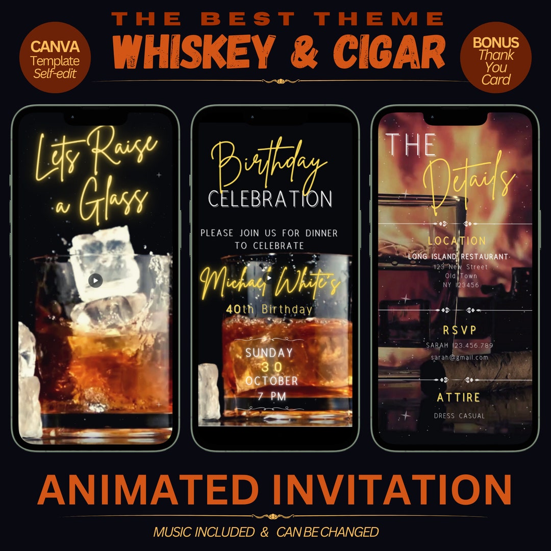 Whiskey Birthday Animated Invitation: Editable Template (canva) - Etsy