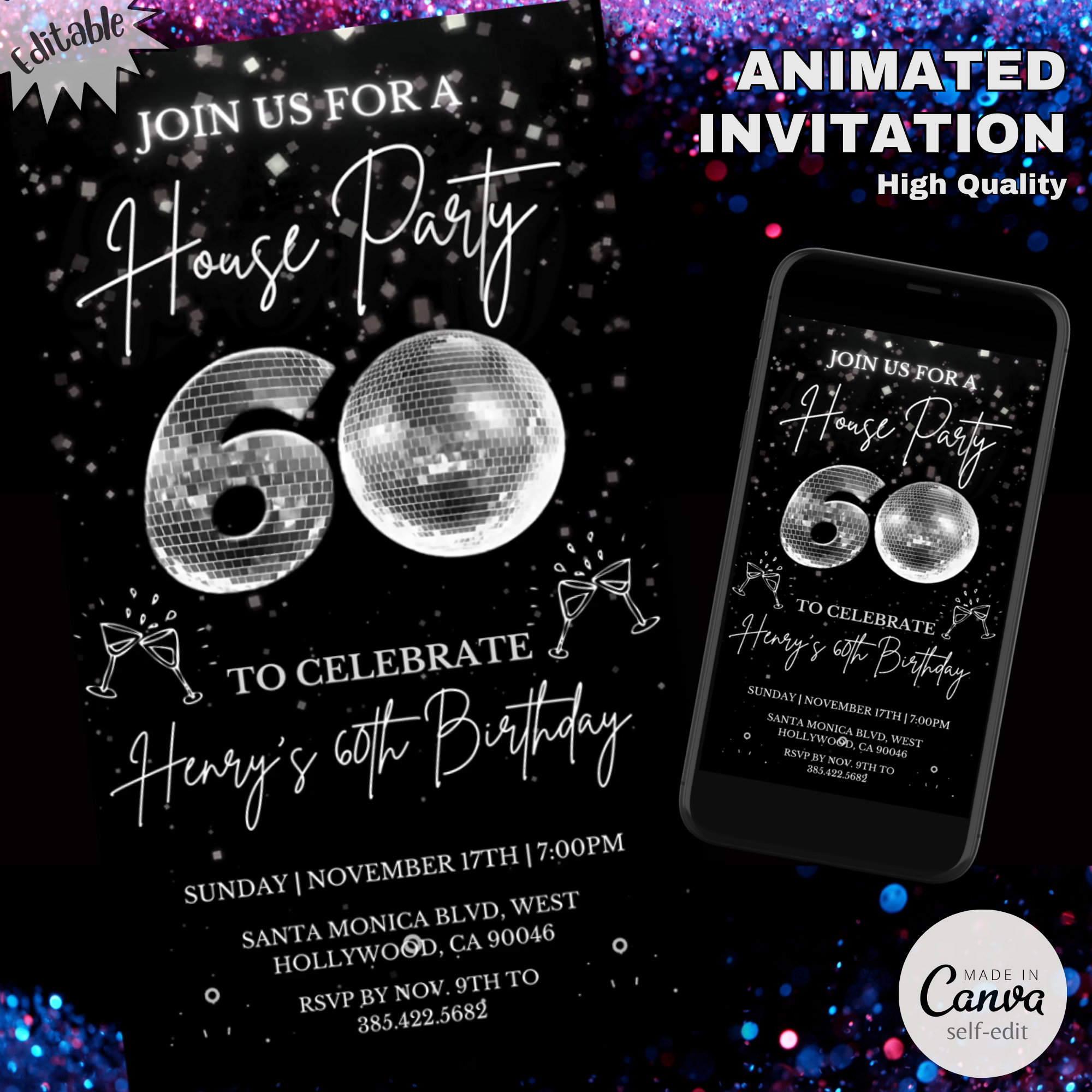 60th Birthday Disco Ball Theme Video Invitation, Sixtieth Year Animated ...