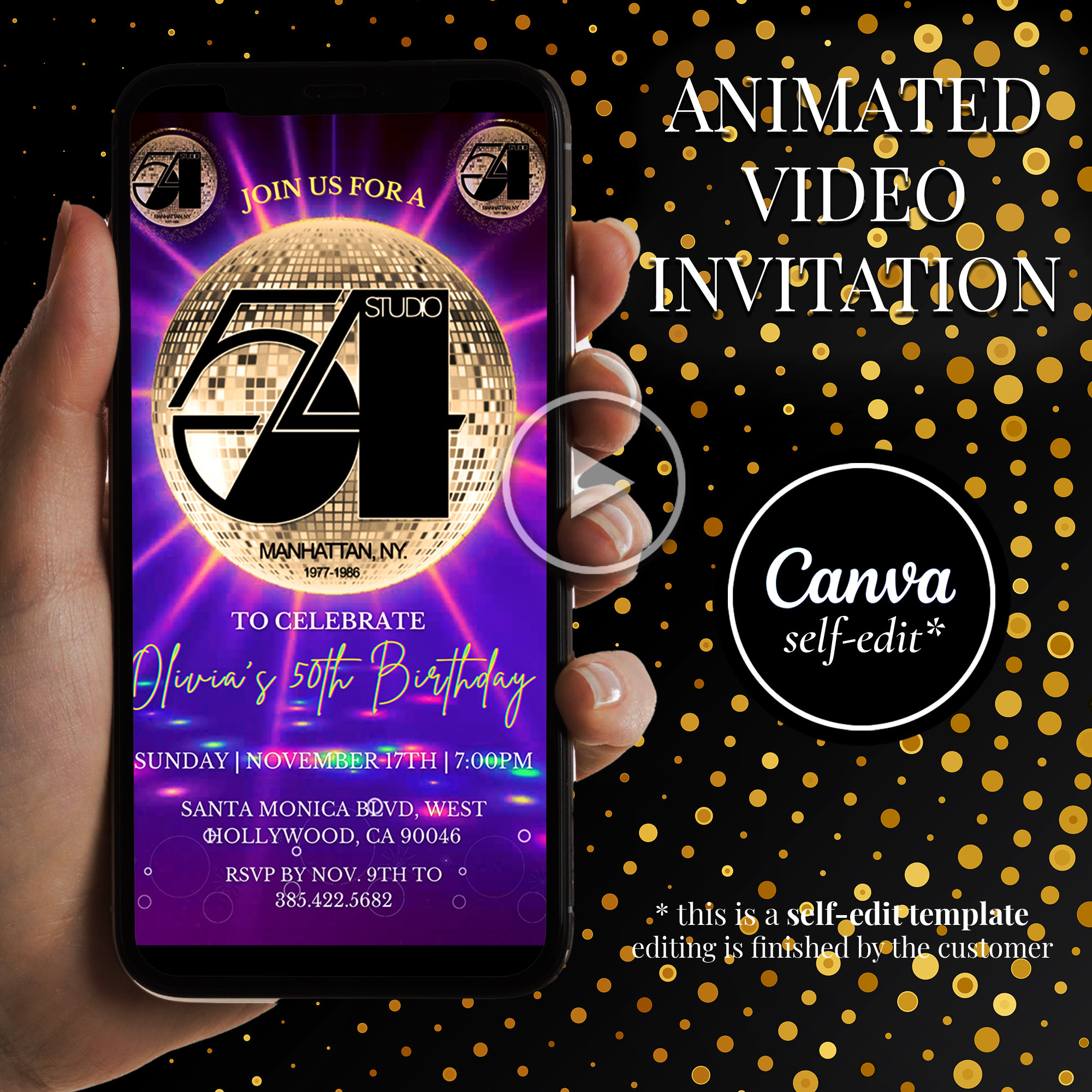 Studio 54 Disco Birthday Animated Invitation: Gold & Black (canva ...