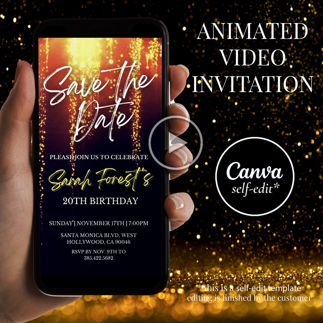 Gold Glitter Animated Birthday Video Invitation: Editable Canva ...