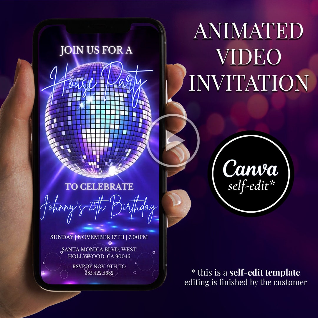 Disco Party Animated Birthday Video Invitation: Purple Canva Template ...