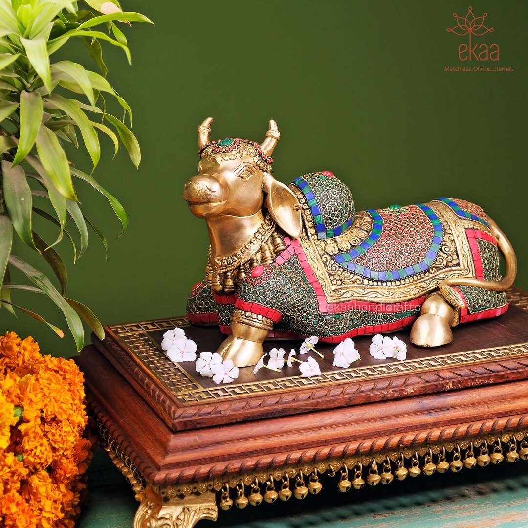 Brass Nandi Statue on Wooden Pedestal, Gatekeeper of Shiva & Parvati ...