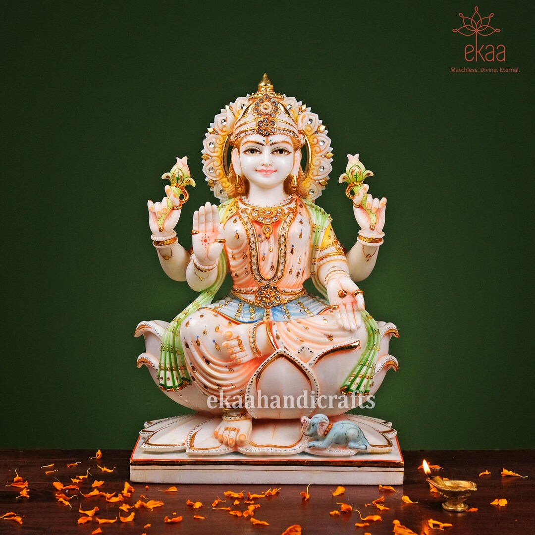 Marble Lakshmi Goddess Statue 45CM, Sitting Laxmi on Lotus Idol Home ...