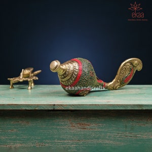 Brass Shankh With Beautiful Mosaic Stonework, Brass Conch Shell With ...