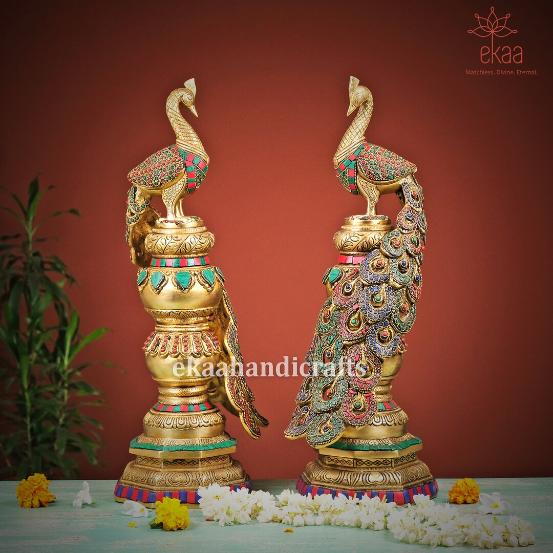 Brass Peacock Figure, Large Peacock Statue With Stonework, Handmade ...