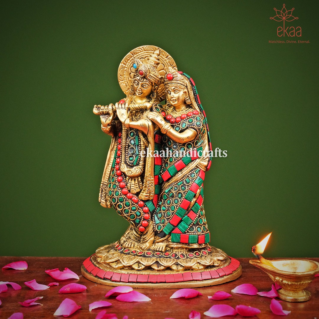 Brass Radha Krishna Statue Idol – Hindu Divine Couple Figurine – Radhe ...