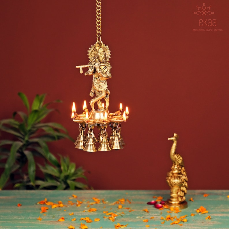 Brass Krishna Wall Hanging Diya Oil Lamp With Bells - Etsy