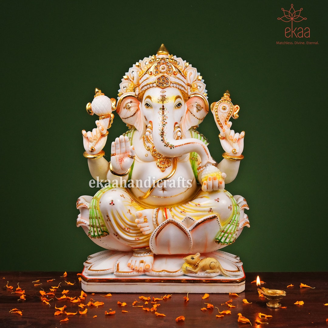 Marble Lord Ganesha Statue, 45 CM Lord Ganesh Statue on Lotus,big ...