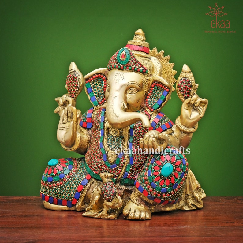 Lord Ganesha Statue Brass Ganesha With Stonework on Singhasan | Etsy