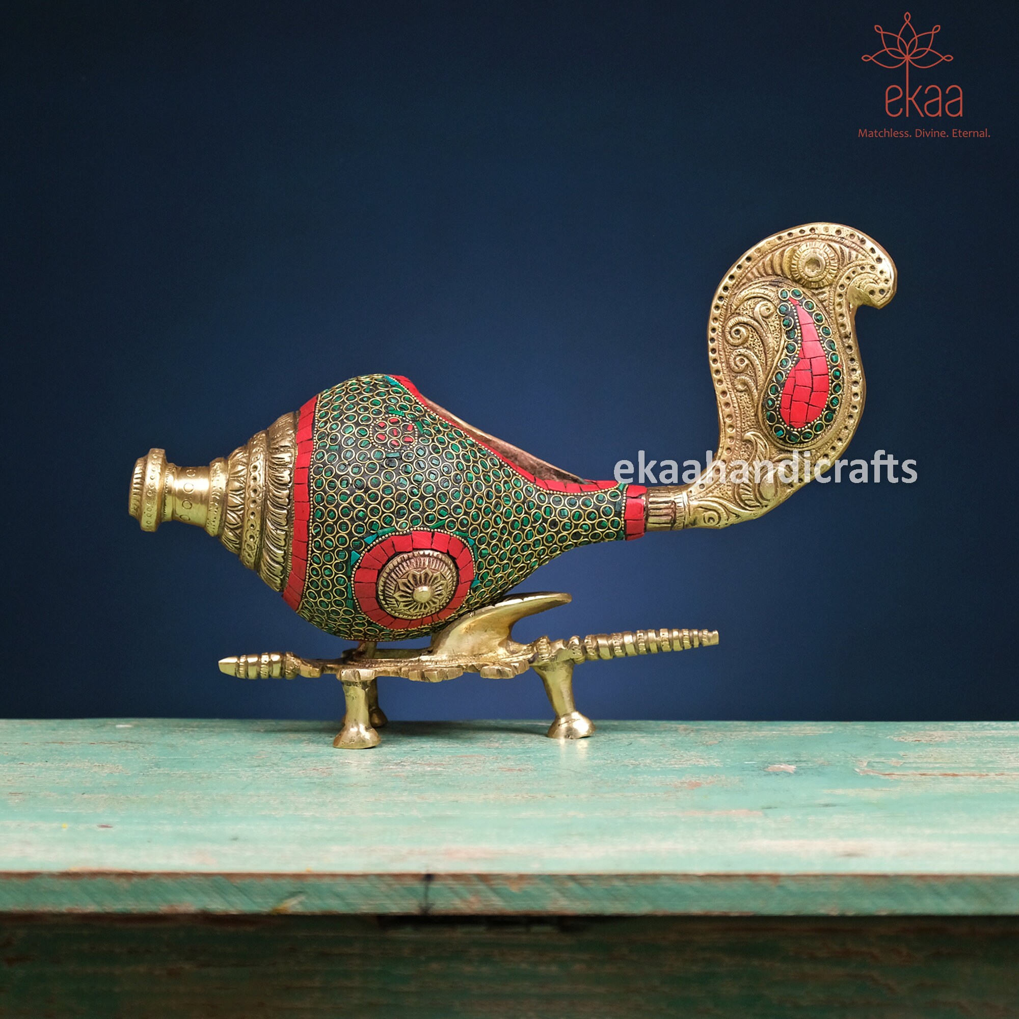 Brass Shankh With Beautiful Mosaic Stonework, Brass Conch Shell With ...